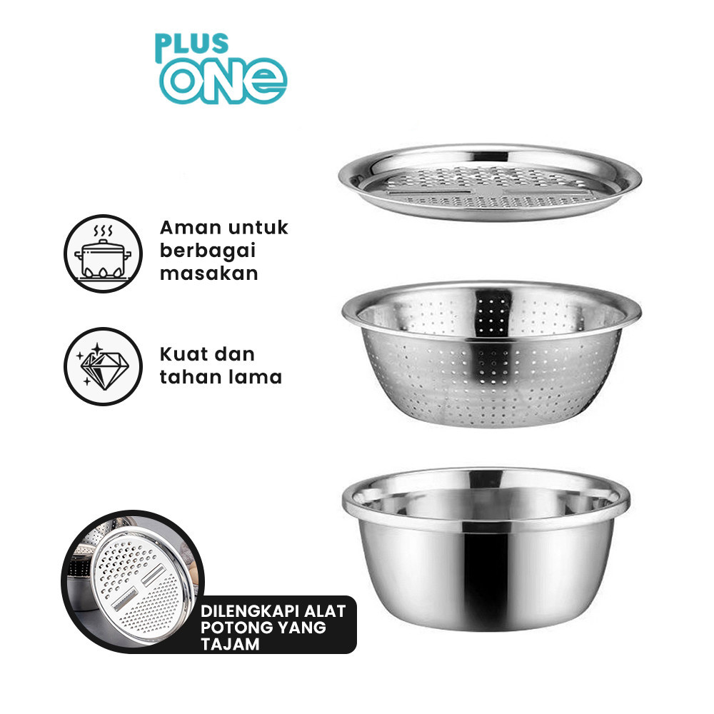Jual Plus One Baskom dapur stainless steel 3in1 / Baskom Parutan ...