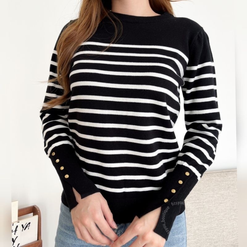 Jual NARA KNIT TOP atasan rajut katun halus adem tangan panjang stripe hijab friendly sweater ...