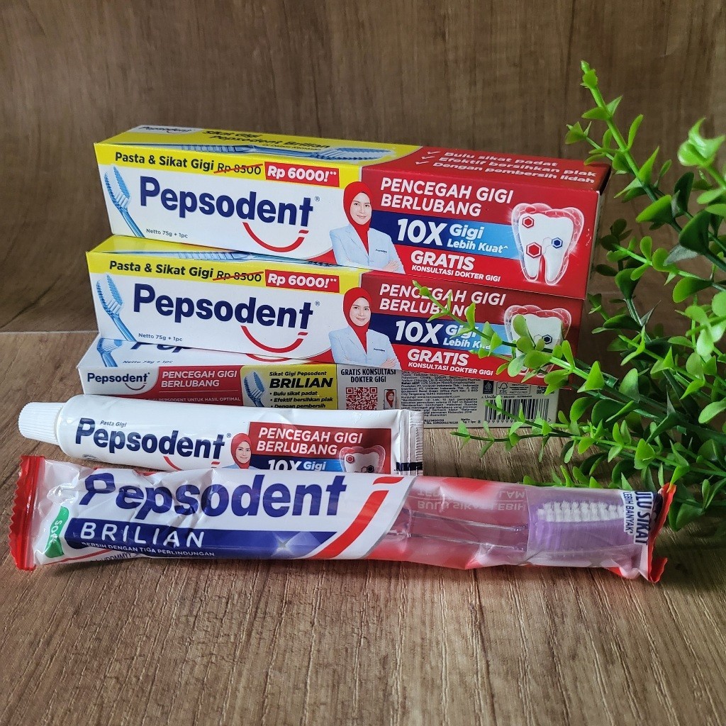 Jual Pasta Gigi Pepsodent merah 75gr + Gratis Sikat Gigi Brilian ...