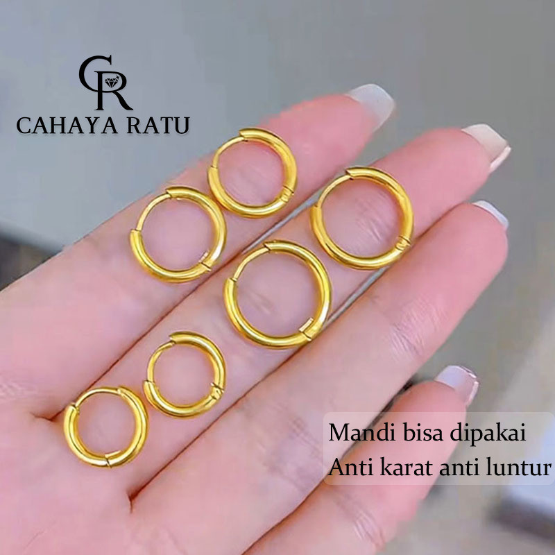 Jual CR • Anting Hoop Titanium Asli Anti Karat Bulat Emas 18K Simple ...