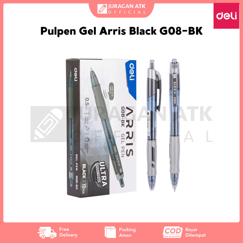 Jual Pulpen Gel Arris Black 0.5mm Deli Tinta Black G08-BK (1Pack Isi ...