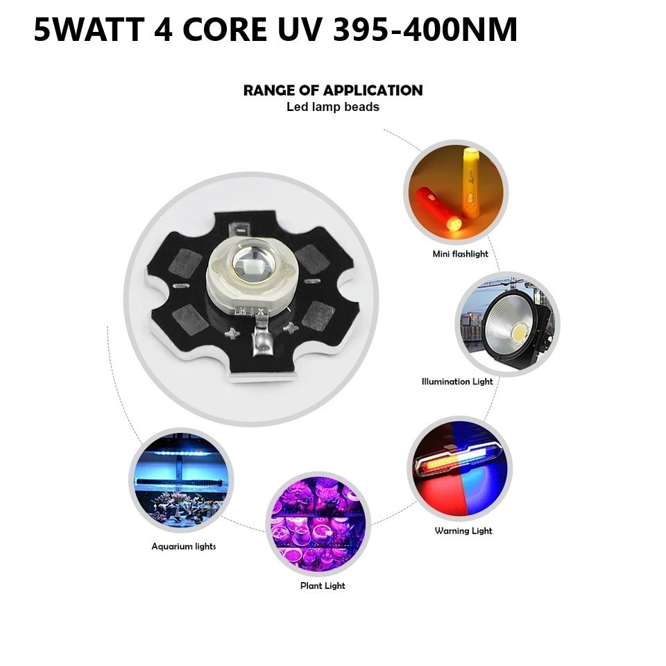 Jual Lampu LED UV 395 5WATT 4 CORE dengan board heatsink untuk ...