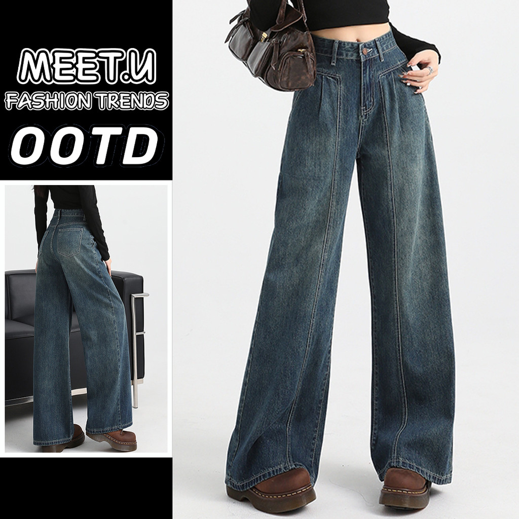 Jual MEET.U Jeans Lurus Wanita Berwarna Biru Retro Jeans Kasual Wanita ...