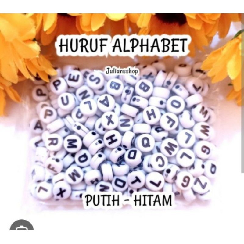Jual (26pcs) Mote huruf Bulat pipih A-Z warna putih tulisannya Hitam ...