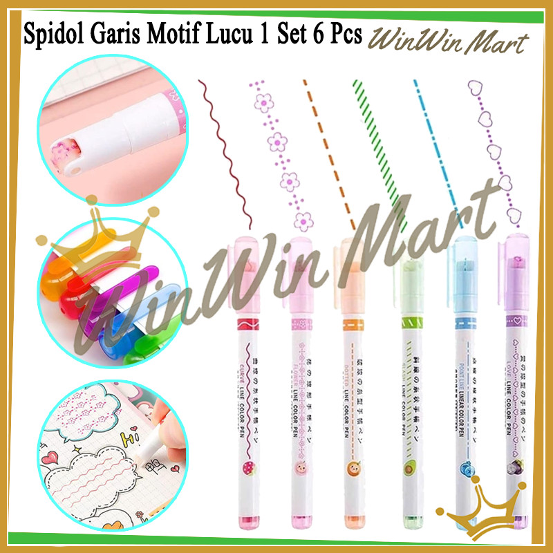 Jual Spidol Garis Motif Lucu 1 Set 6 Pcs/Spidol Garis Aesthetic Warna ...
