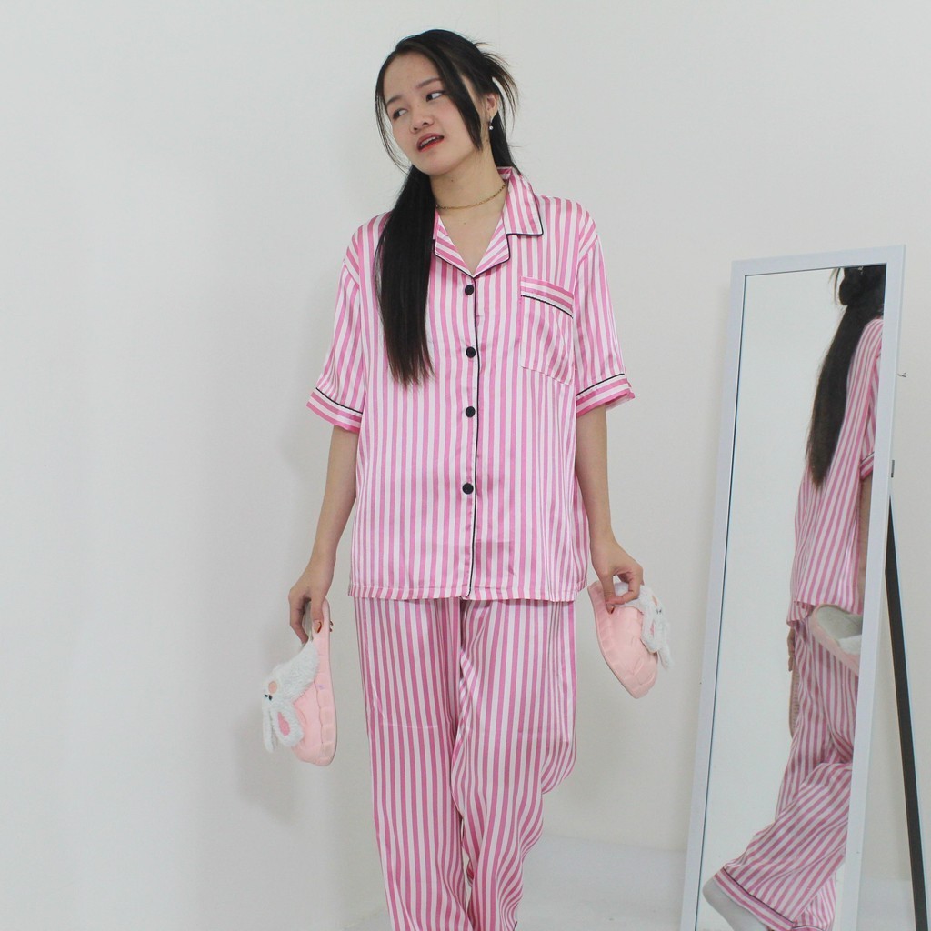 Jual ST/YX Victoria Piyama Satin Kancing Powysuit Baju Tidur Wanita Lengan Pendek Celana Panjang ...