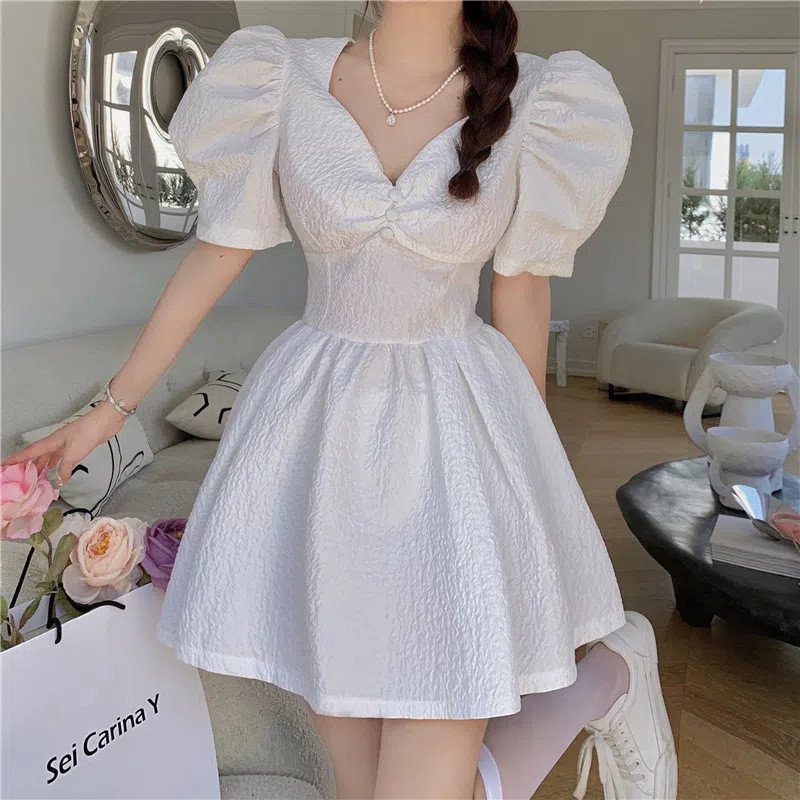 Jual Textured Babydoll Mini Flare Dress in White Putih Sweetheart ...