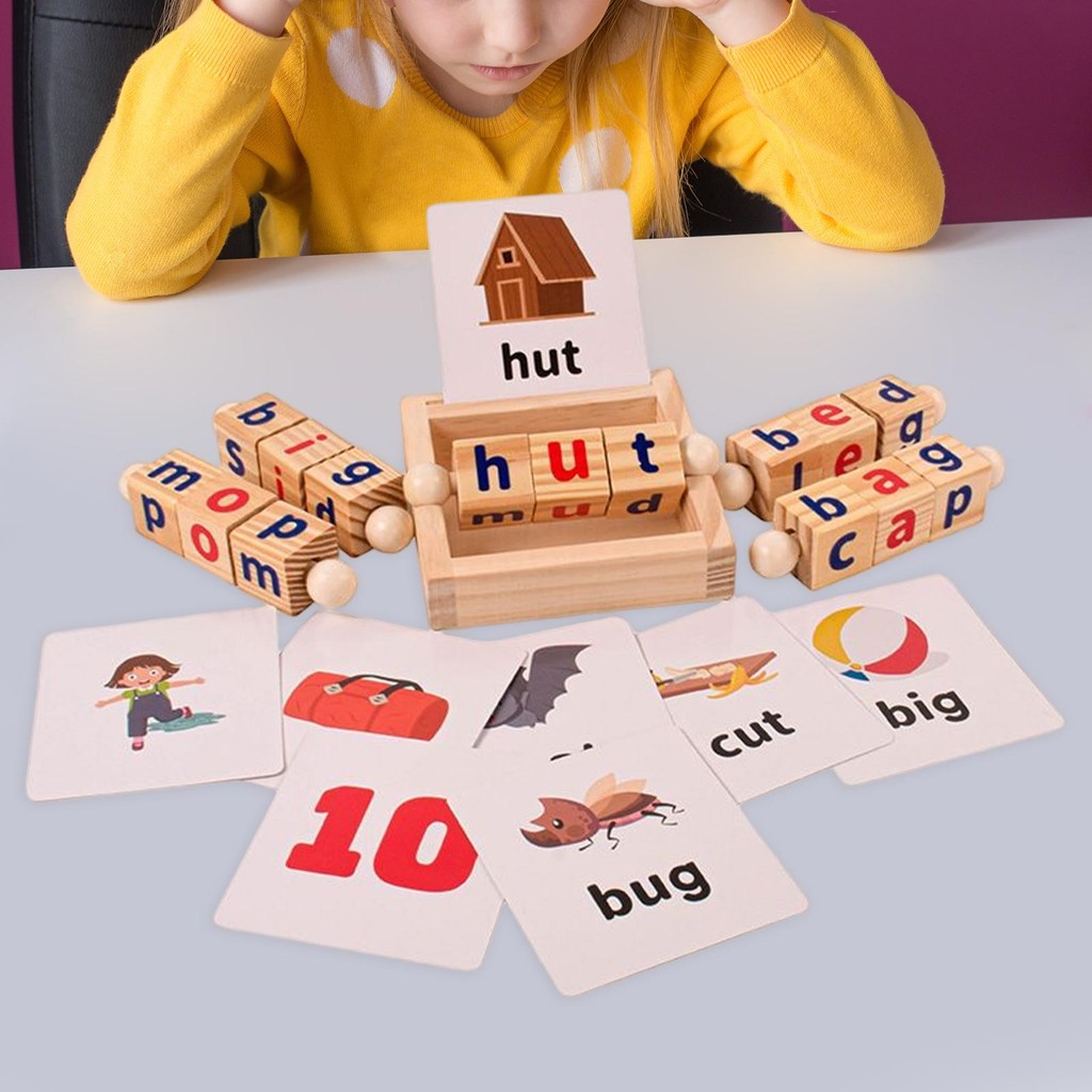 Jual Wooden Reading Blocks Flash Cards Spelling Toy Short Vowel Turning ...