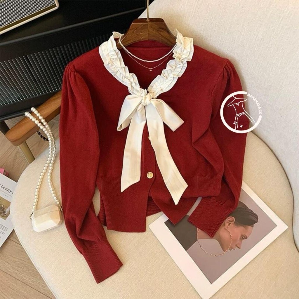 Jual MAMAMARA - Atasan Rajut Blouse Wanita Leher Pita Syal Round Neck ...