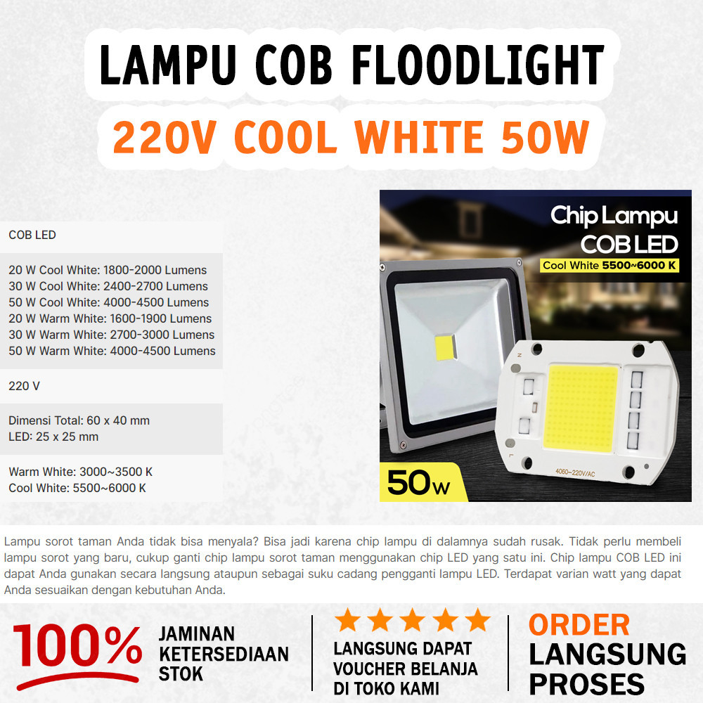 Jual LED Lampu COB Floodlight Spotlight 220V Cool White 50W - Warna ...