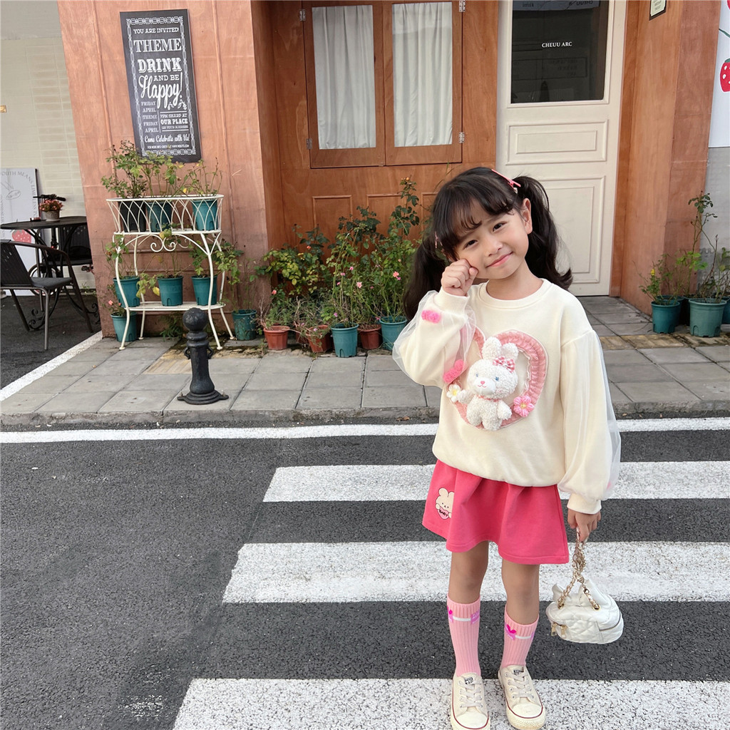Jual Setelan sweat shirt rok anak - terry - bunny love- ivory pink ...
