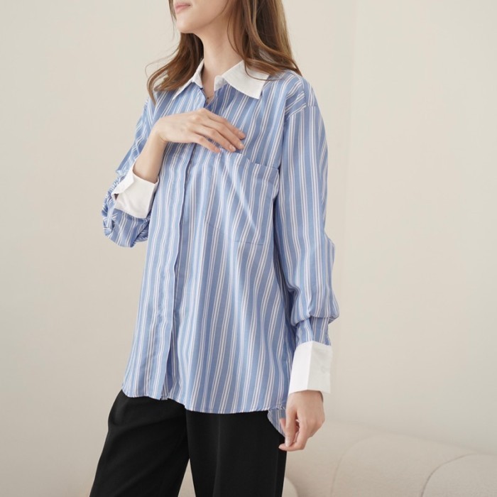 Jual Sydney Top | Kemeja Stripe Garis Two Tone Oversize Jumbo Korea ...