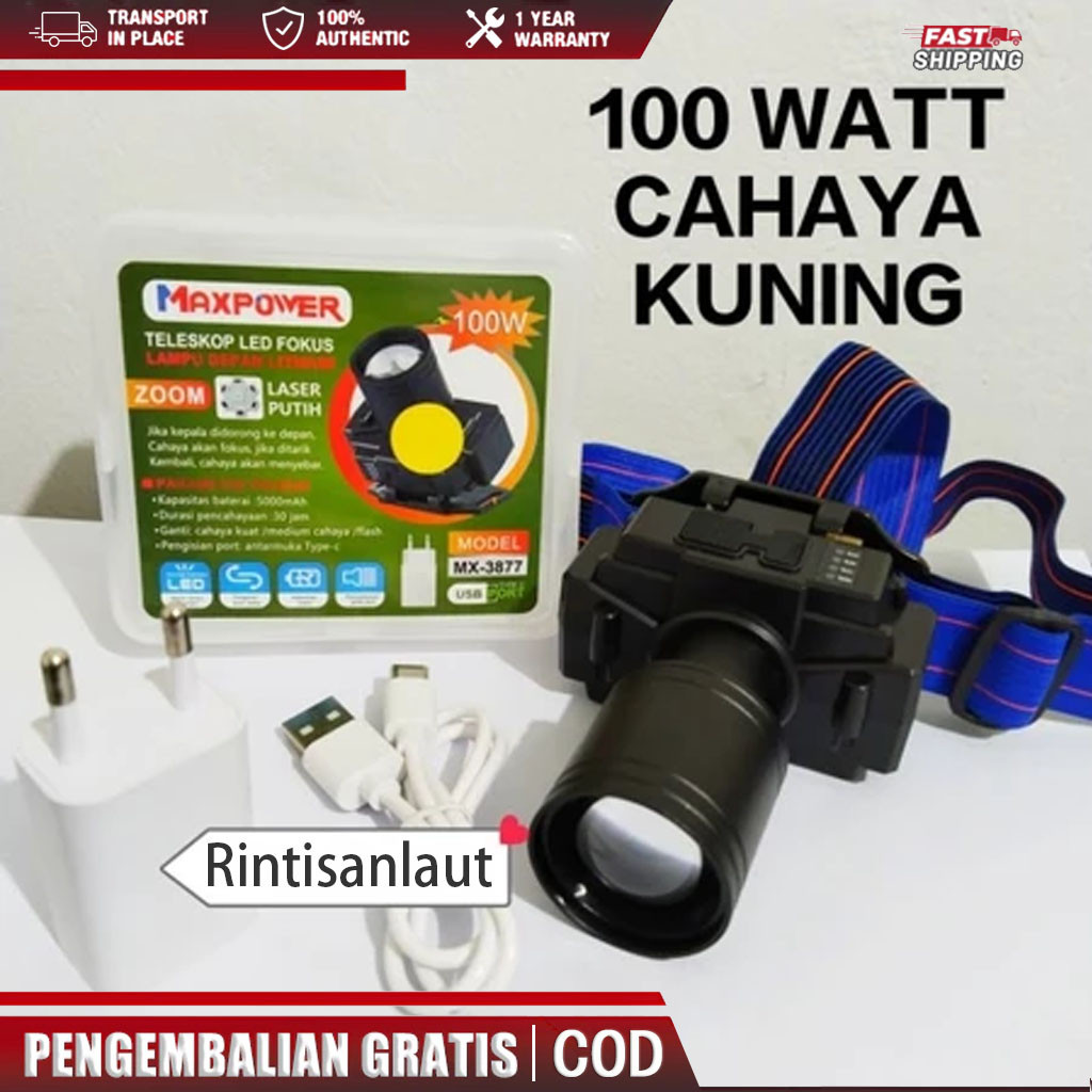 Jual [Rintisanlaut] Senter Kepala ZOOM 100 WATT Maxpower MX-3877 Cahaya ...