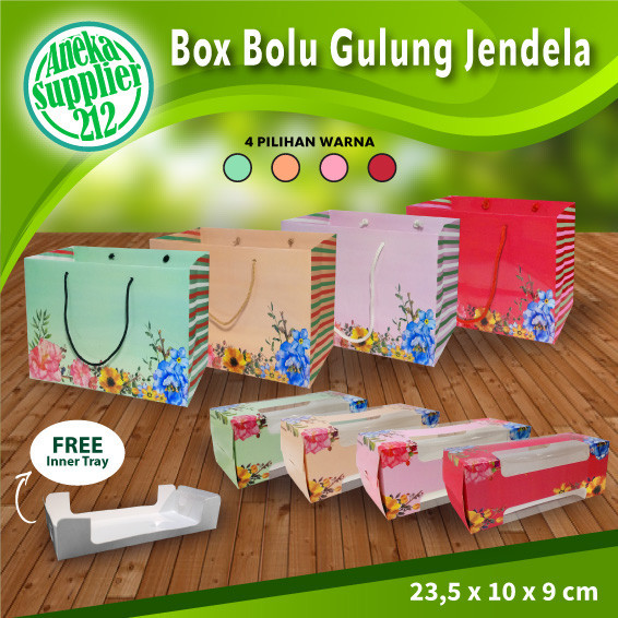 Jual PAKET Box Bolu Gulung JENDELA + Paper Bag -23,5x10x9 cm - Motif (5 ...