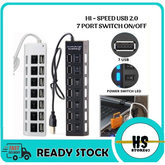 Jual Alat USB Hub 7 Port Output Switch On LED 2.0 PC Laptop USB Slot ...