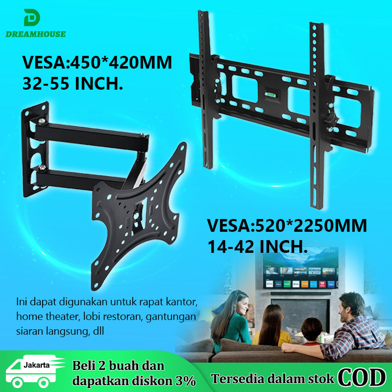 Jual Bracket TV LED LCD 32 40 43 24 21 29 17 14 Inch Dijamin Cocok 14 - 40 In 6 Arah Universal ...