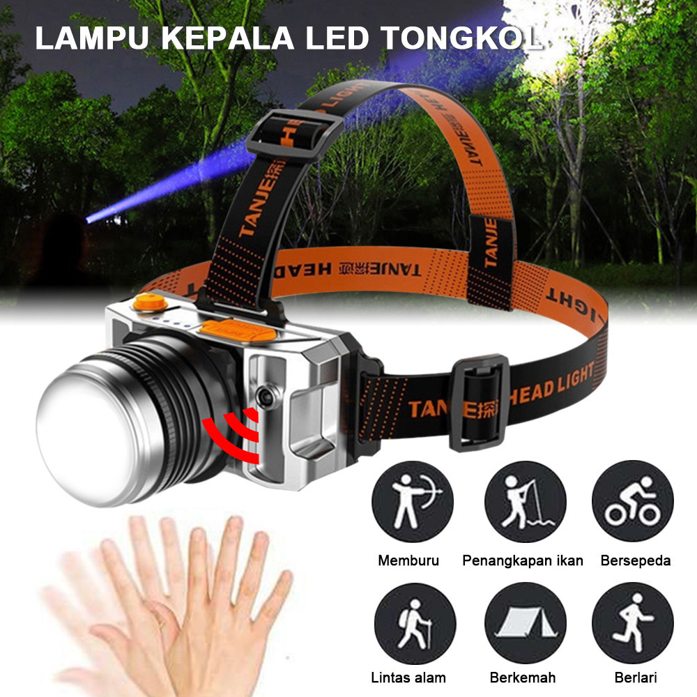 Jual Headlamp Senter Kepala LED Super Terang dengan Sensor Tangan USB Charging Senter T8 Zoom ...