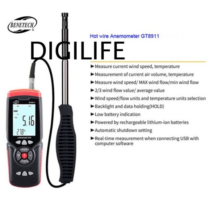 Jual Hot Wire Anemometer Benetech GT8911 Thermal Wind Speed Flow Meter ...