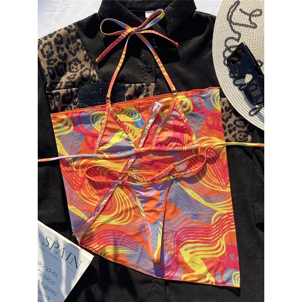 Jual Preorder New Printed With Sarong Mini Micro Thong Bikini Female Swimsuit Women Swimwear