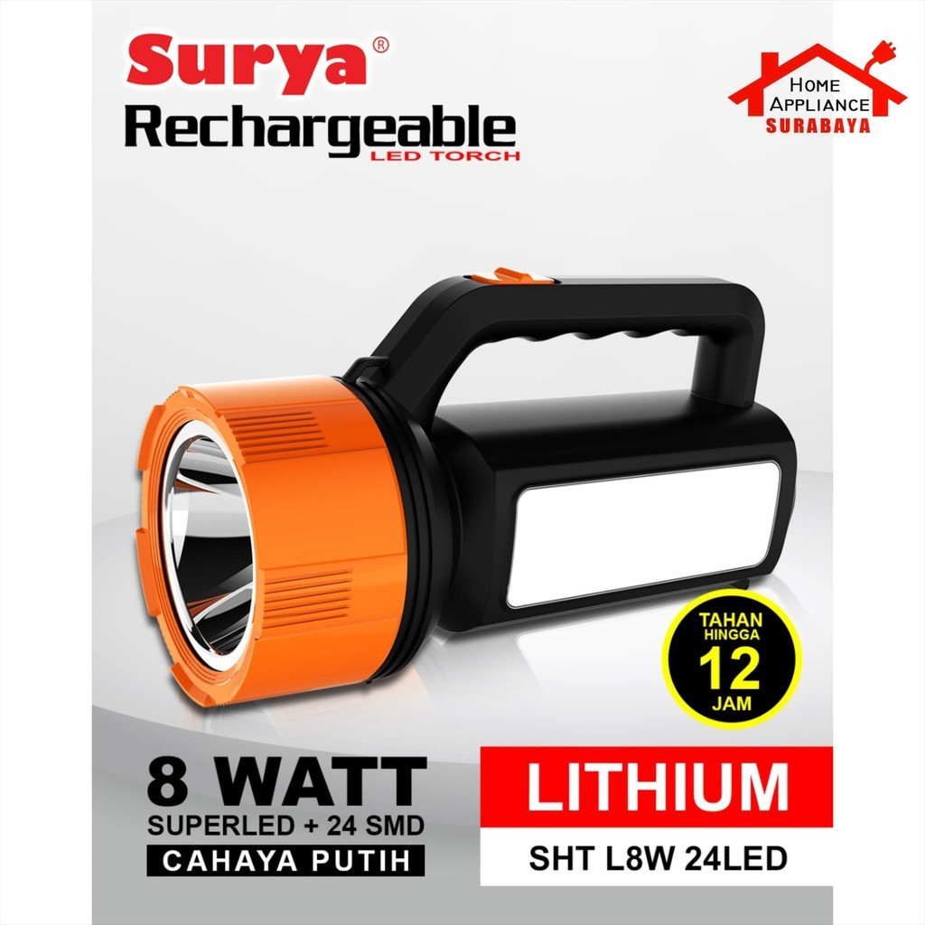 Jual SURYA Senter Tangan Cas LED Torch 8W + Emergency Lamp 24 SMD LED SHT L8W 24 LED | Shopee ...