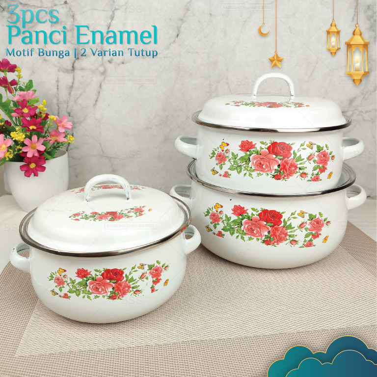 Jual Panci Enamel Set 3pcs Tutup Kaca Masak Sup Soup Motif Bunga Cantik ...