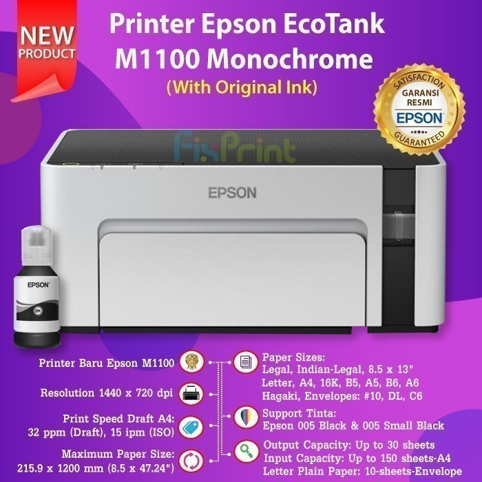Jual Epson Printer Mono M1100 M1120 EcoTank Printer Infus Garansi Merk ...