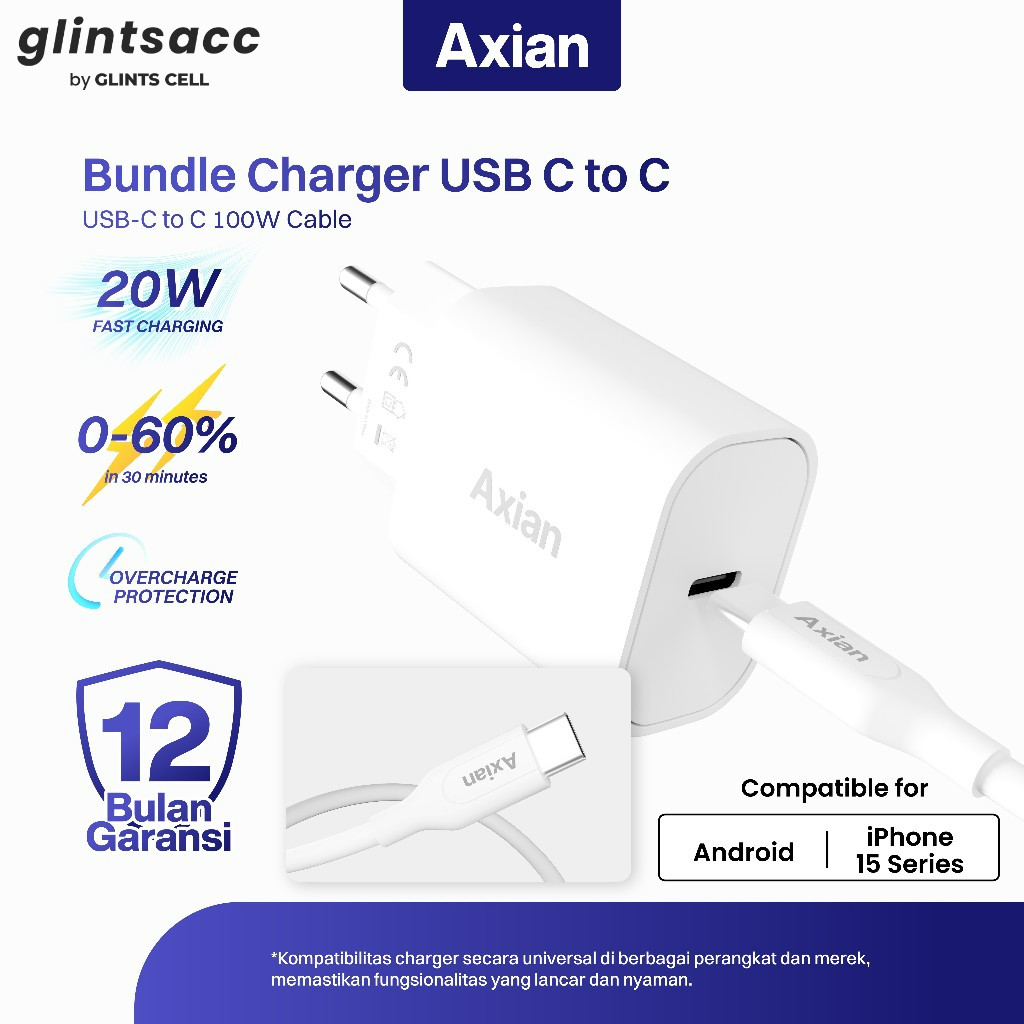 Jual AXIAN Bundle Charger PD 20W + USB C-C Cable 100W for iPhone 15 ...