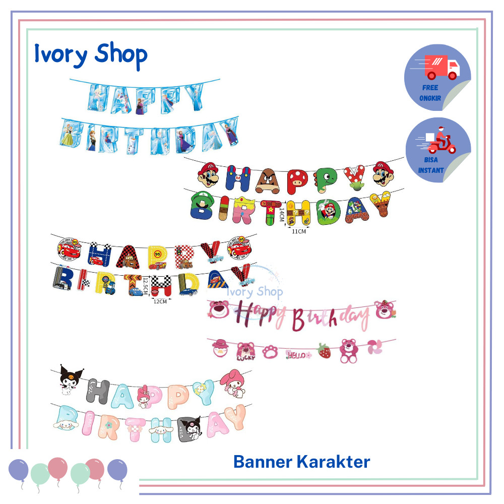Jual Banner HBD Karakter Happy Birthday Frozen Lotso Sanrio Mario bross ...