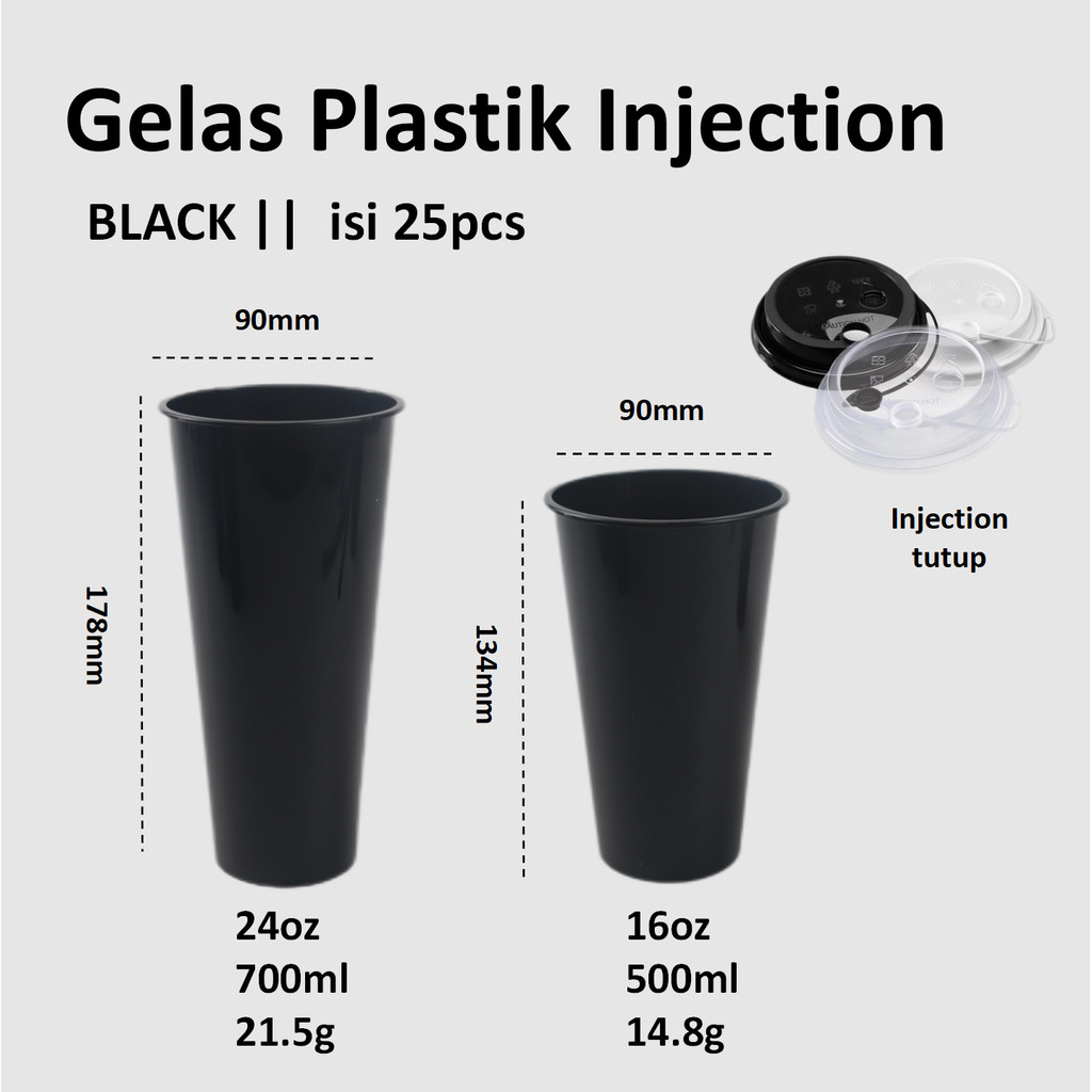 Jual [25pcs]Gelas Plastik Injection Hitam Black 16oz 24oz +Injection ...