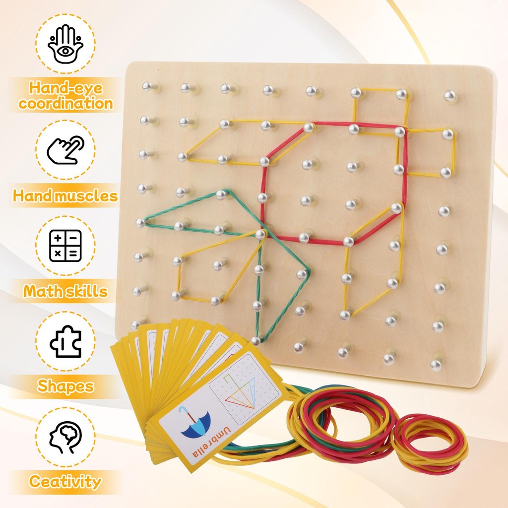 Jual Wooden Geoboard Educational Toys Block Toy with 30 Pattern Cards Wood Toy Lacing Board for ...
