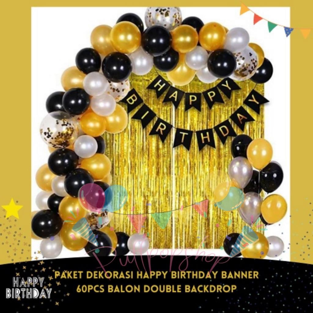Jual Paket dekorasi Ultah Happy birthday Banner double backdrop gold ...