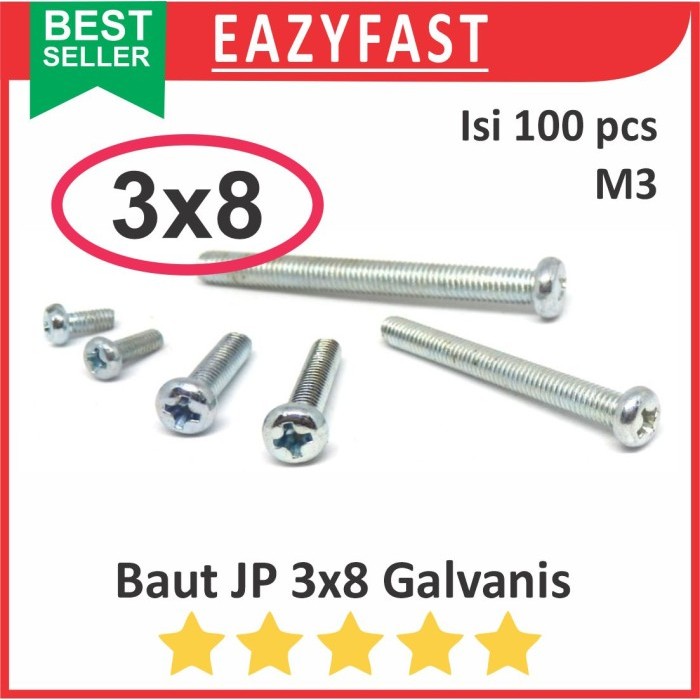 Jual Baut JP M3 8mm 3x8 3 x 8 mm M3x8 Galvanis Putih Phillips Screw Drat Halus Pack 100Pcs Skrup ...
