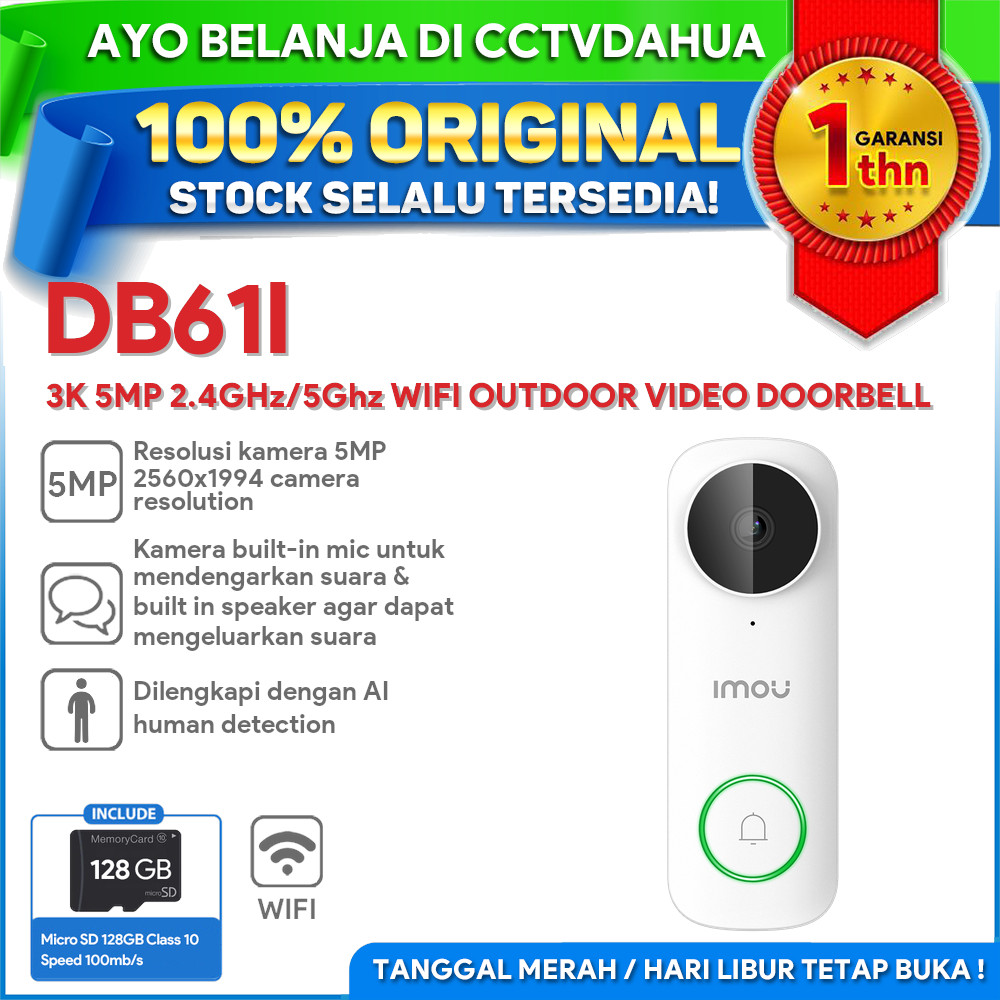 Jual IMOU DB61I 3K 5MP 2.4GHZ/5GHZ 2 WAY AUDIO WIFI OUTDOOR VIDEO DOORBELL FREE MICRO SD 128GB ...