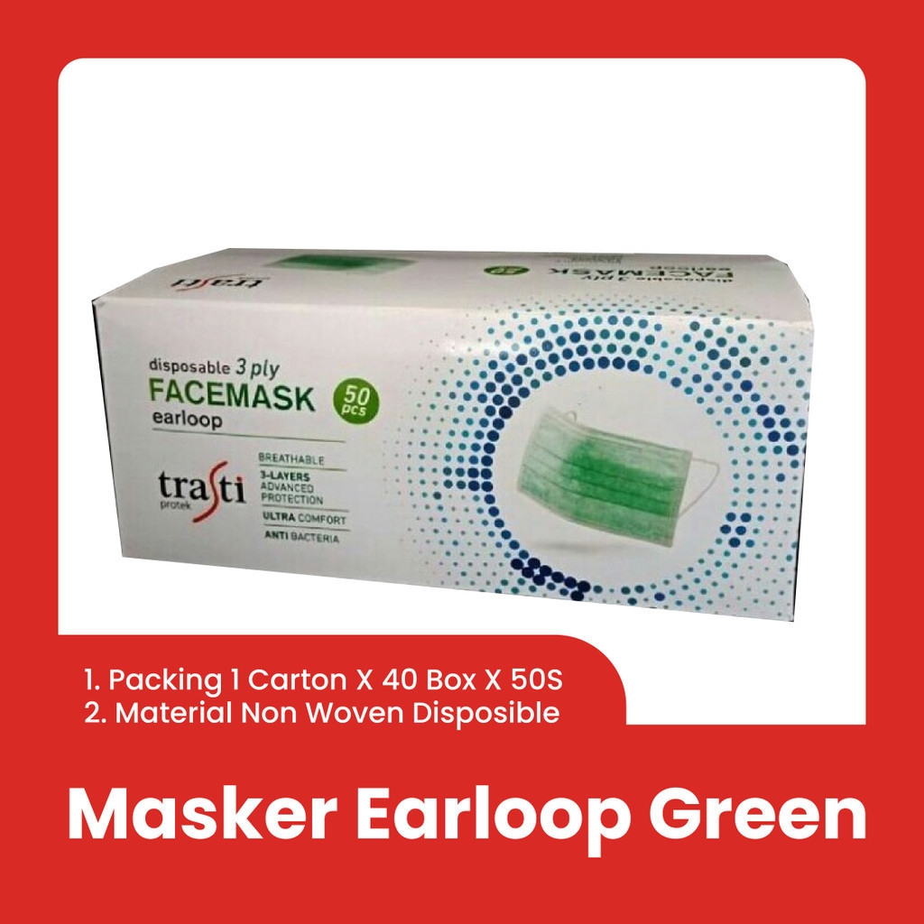 Jual Trasti Masker Earloop Green Packing 1 Carton X 40 Box X 50S ...