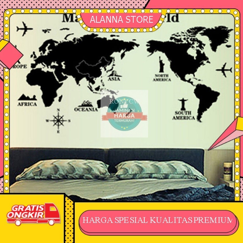 Jual Stiker Dinding MAP OF THE WORLD Hiasan Dinding Kamar Dekorasi ...