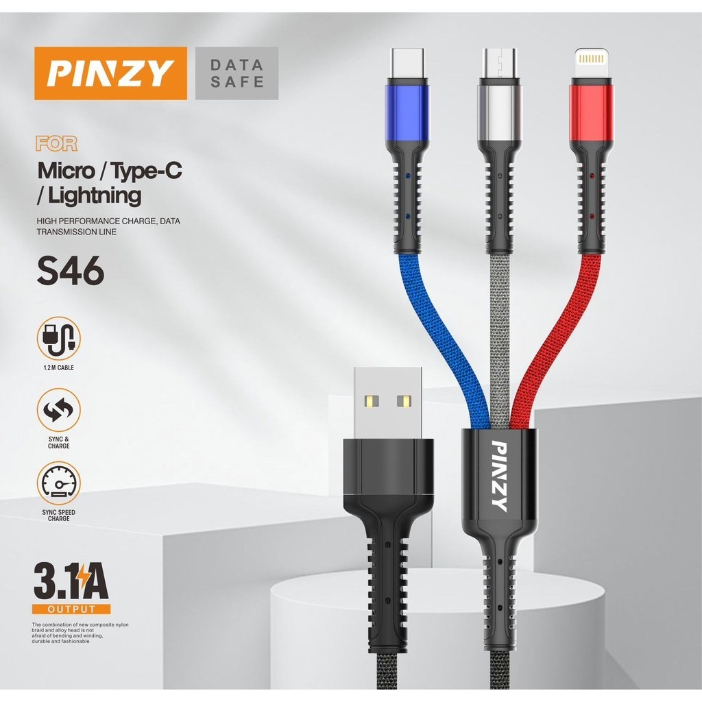 Jual PINZY Kabel S46 3in1 3.1A Micro Tipe C Lightning Fast Charge ...