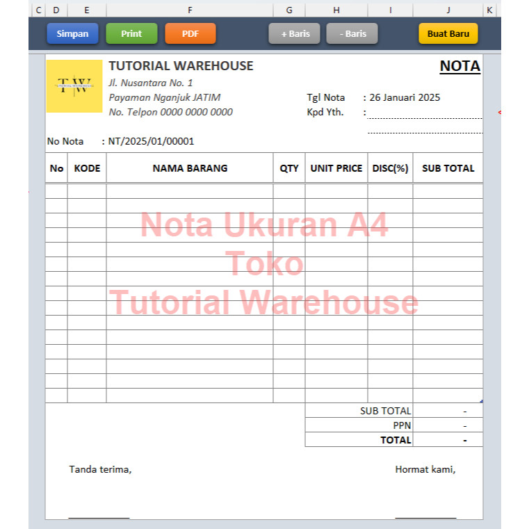 Jual Template Excel Nota Penjualan Otomatis Simpan ke Arsip, Cetak PDF ...