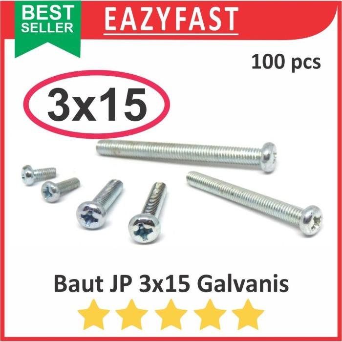 Jual Baut JP M3 15mm 3x15 3 x 15 mm M3x15 Galvanis Putih Phillips Screw Drat Halus Pack isi 100 ...