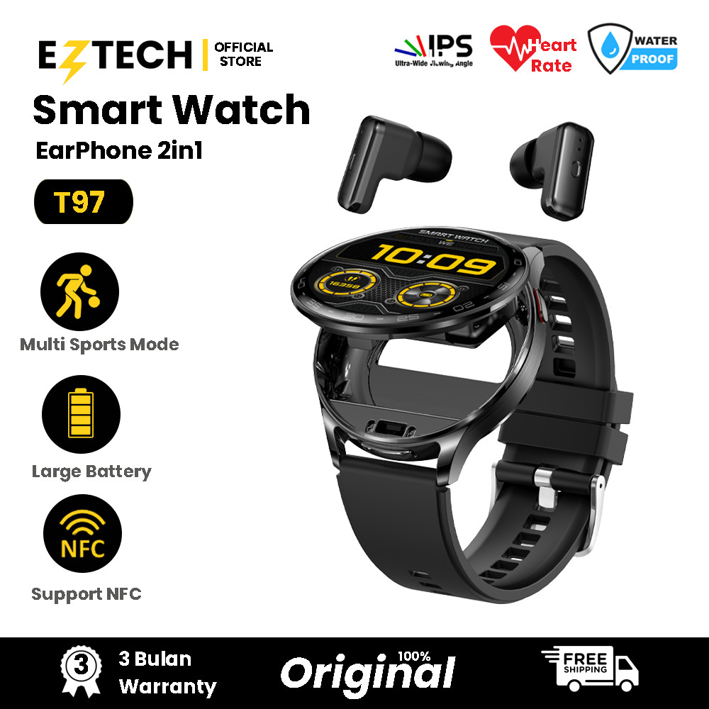 Jual EZTECH T97 Smartwatch Metal Frame Earphone built-in 2IN1 Heart ...