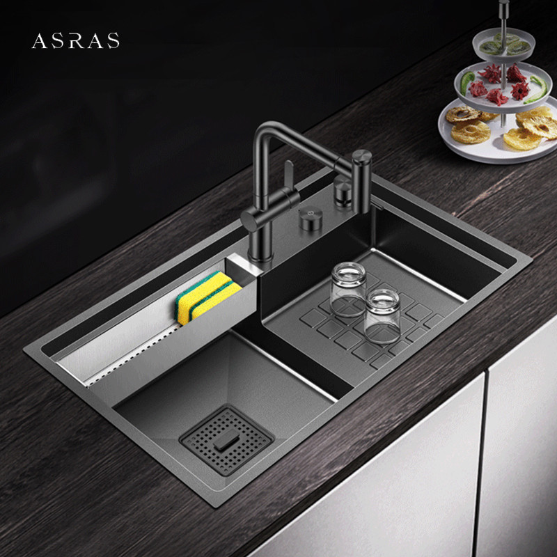 Jual 304 Stainless Steel Nanometer Black Handmade Stepped Kitchen Sinks ...