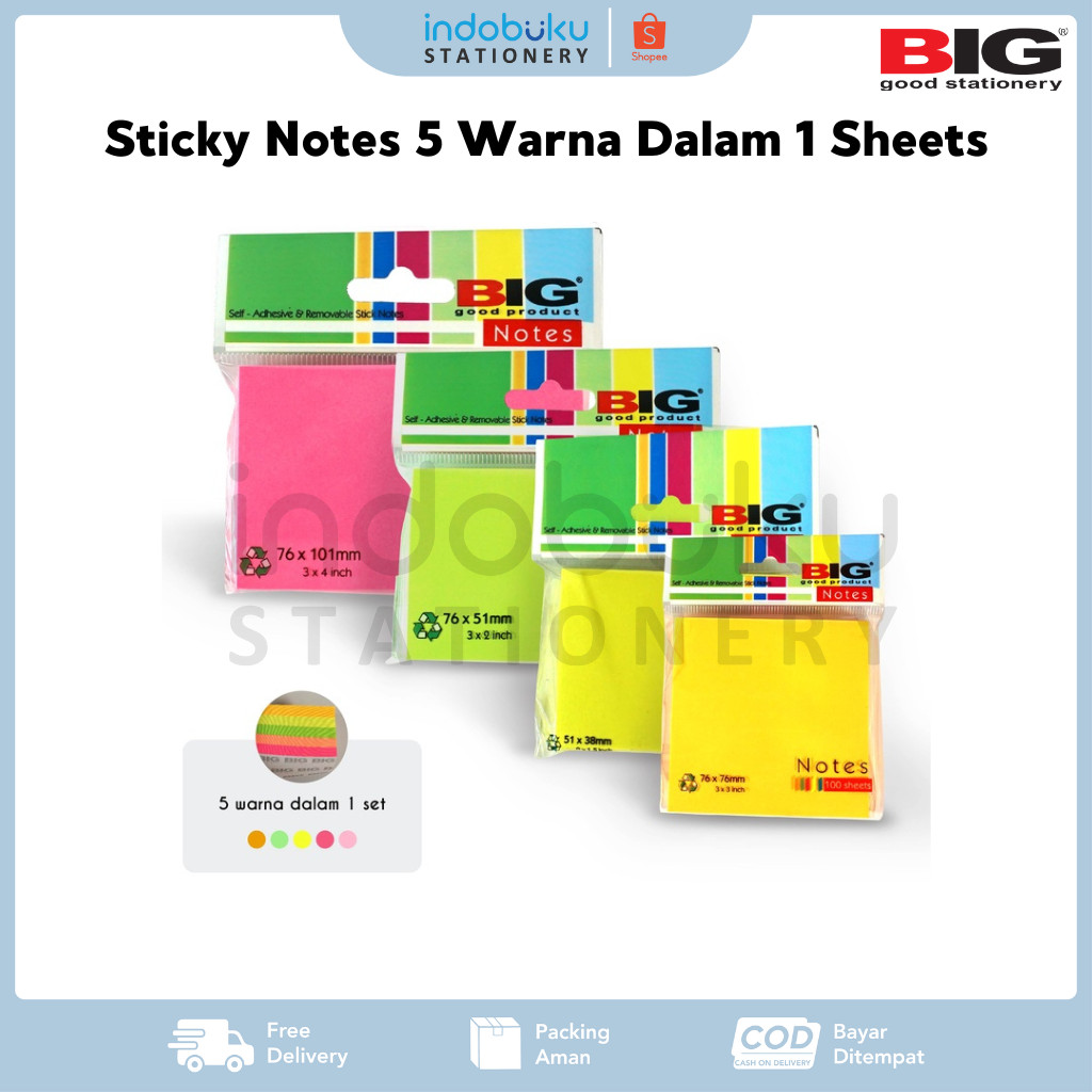 Jual Sticky Notes Warna BIG/ Note Kertas BIG 5 Warna Dalam 1 Sheets ...