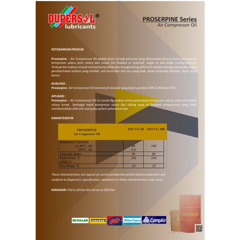 Jual Oli Kompresor Screw ISO VG 68 DUPERSOL PROSERPINE 68 - Pelumas ...