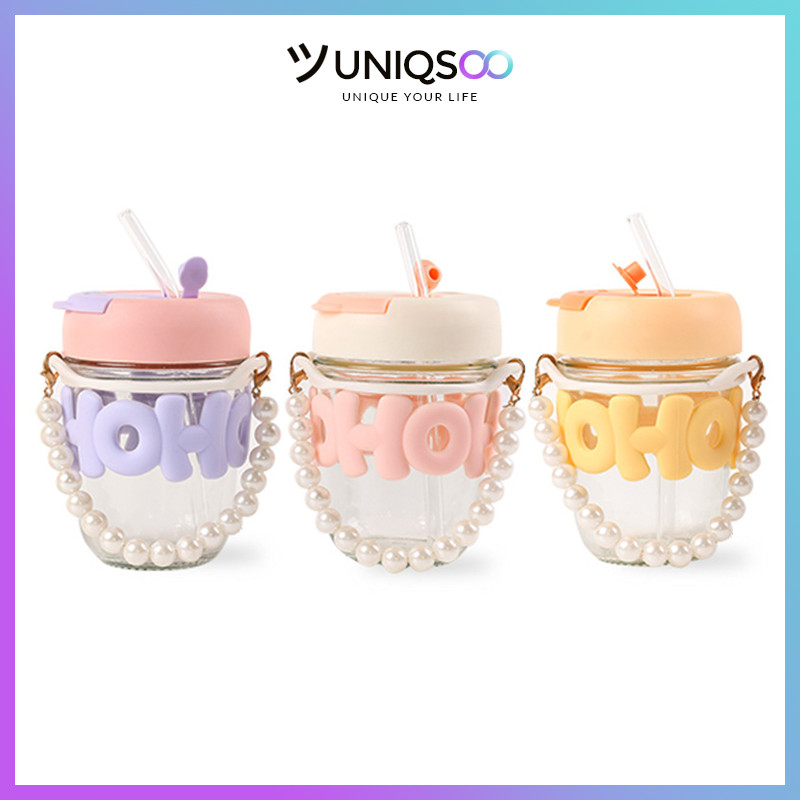 Jual UNIQSOO Tumblr Gelas Minum Kaca Rantai Mutiara HOHO Tumbler Kaca ...