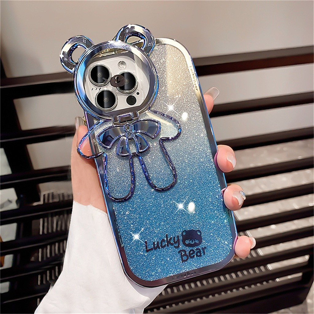 Jual Casing Flip Lens Built-in Stand Cute Bear Glitter Holder Phone ...