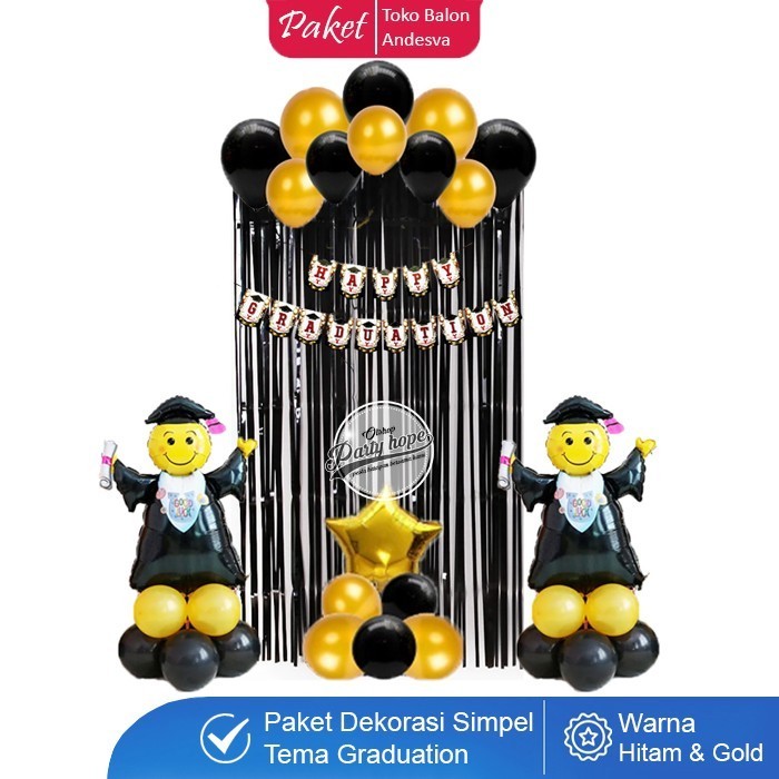 Jual paket dekorasi graduation hitam gold / set balon dekorasi wisuda ...