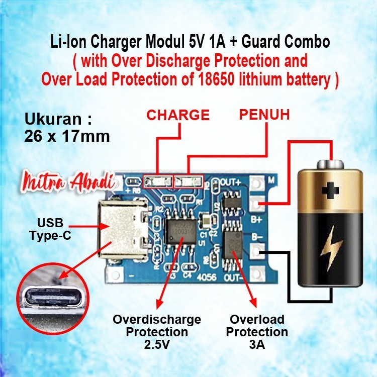 Jual Li-Ion Charger modul TP4056 5V 1A + Guard Combo USB Type-C ...