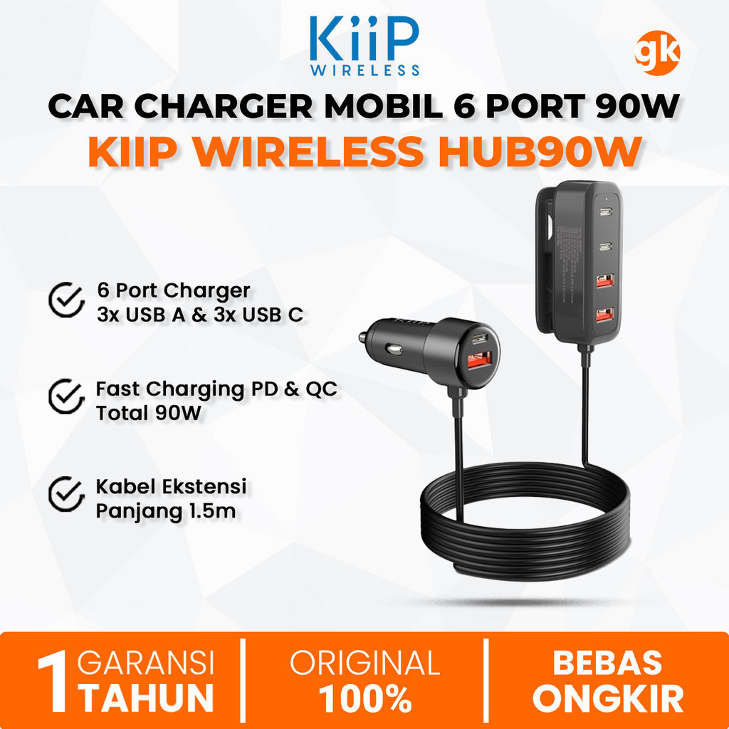 Jual KIIP HUB90W Car Charger Mobil 90W Ultra Fast Charging 6 Ports USB ...