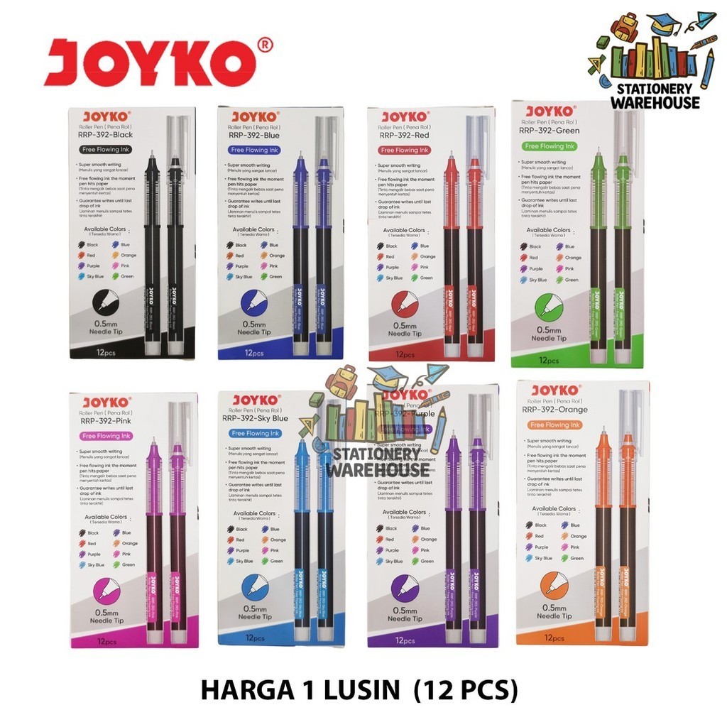 Jual Roller Pen Gel Pulpen Rol Joyko Rrp 392 1 Lusin 05 Mm Hitam Biru Merah Oranye Ungu
