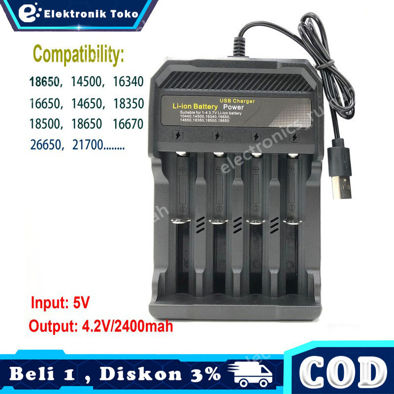 Jual Fast Charger Baterai Battery 4 Slot USB 4.2V 2A 18650 AA AAA MS ...