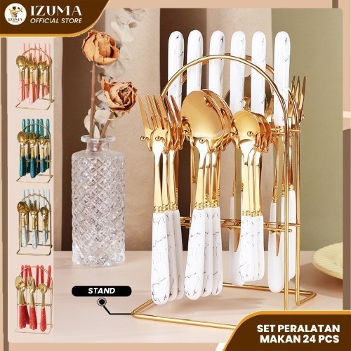 Jual IZUMA Sedok Makan Set / Sendok Set Marble Dengan Rak Mewah Gold ...